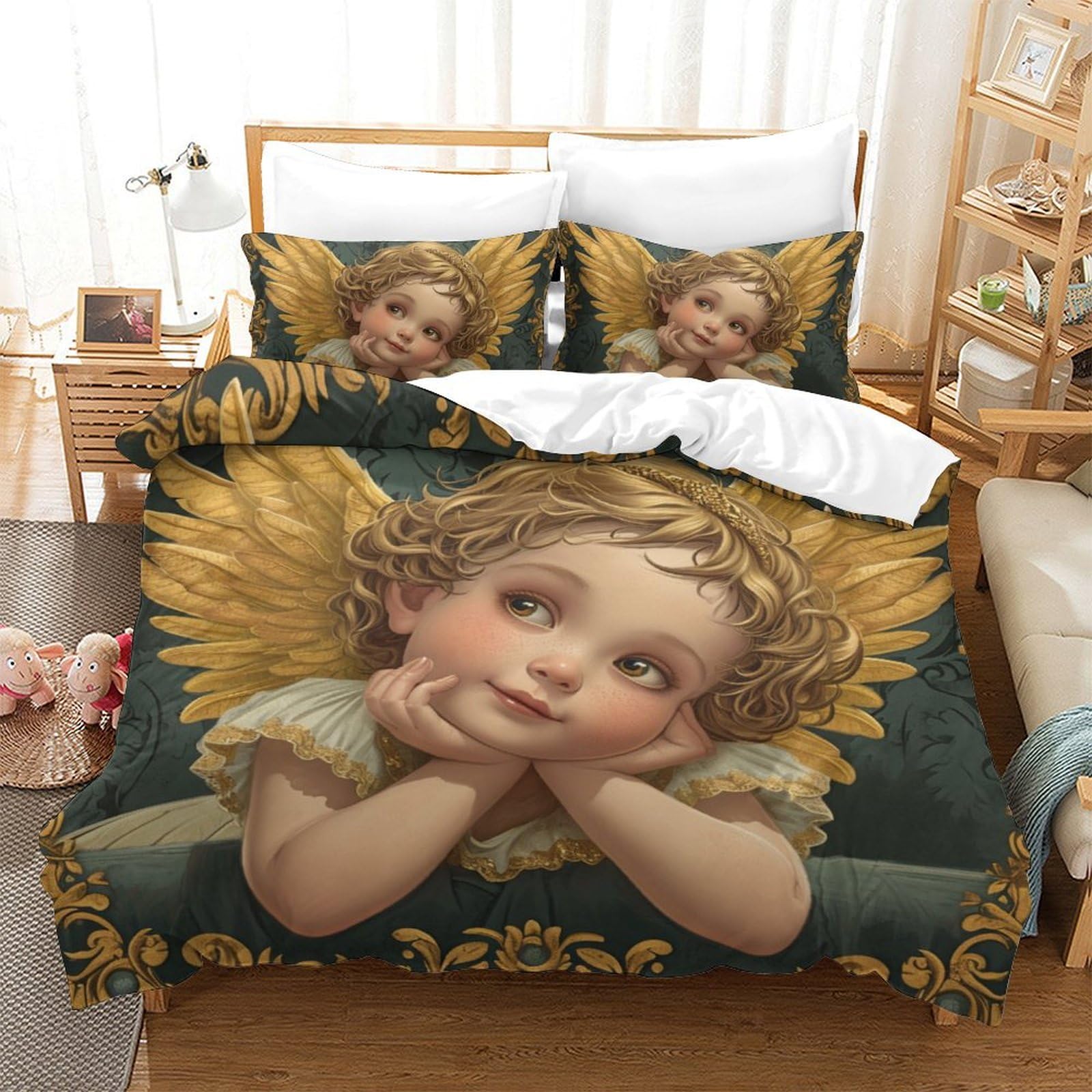 SorEci Cherubs 3pcs 3D Bedding Set Golden Wings Duvet Cover Set Bed Printed Quilt Cover Bed Linens with 2 Pillowcases with Zipper All Season Queen(228x228cm), Style-3
