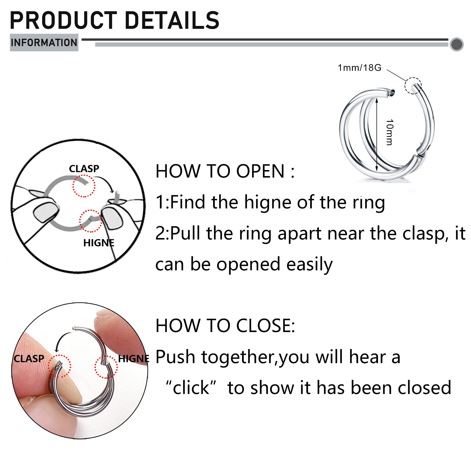 MUSECLOUD Septum Clicker Nose Rings for Women 316L Surgical Steel Triple Double Open Stack Hinged Nose Ring Hoop Sleeper Earring Helix Rook Conch Cartilage Daith Tragus Piercing Jewelry 18G 10mm