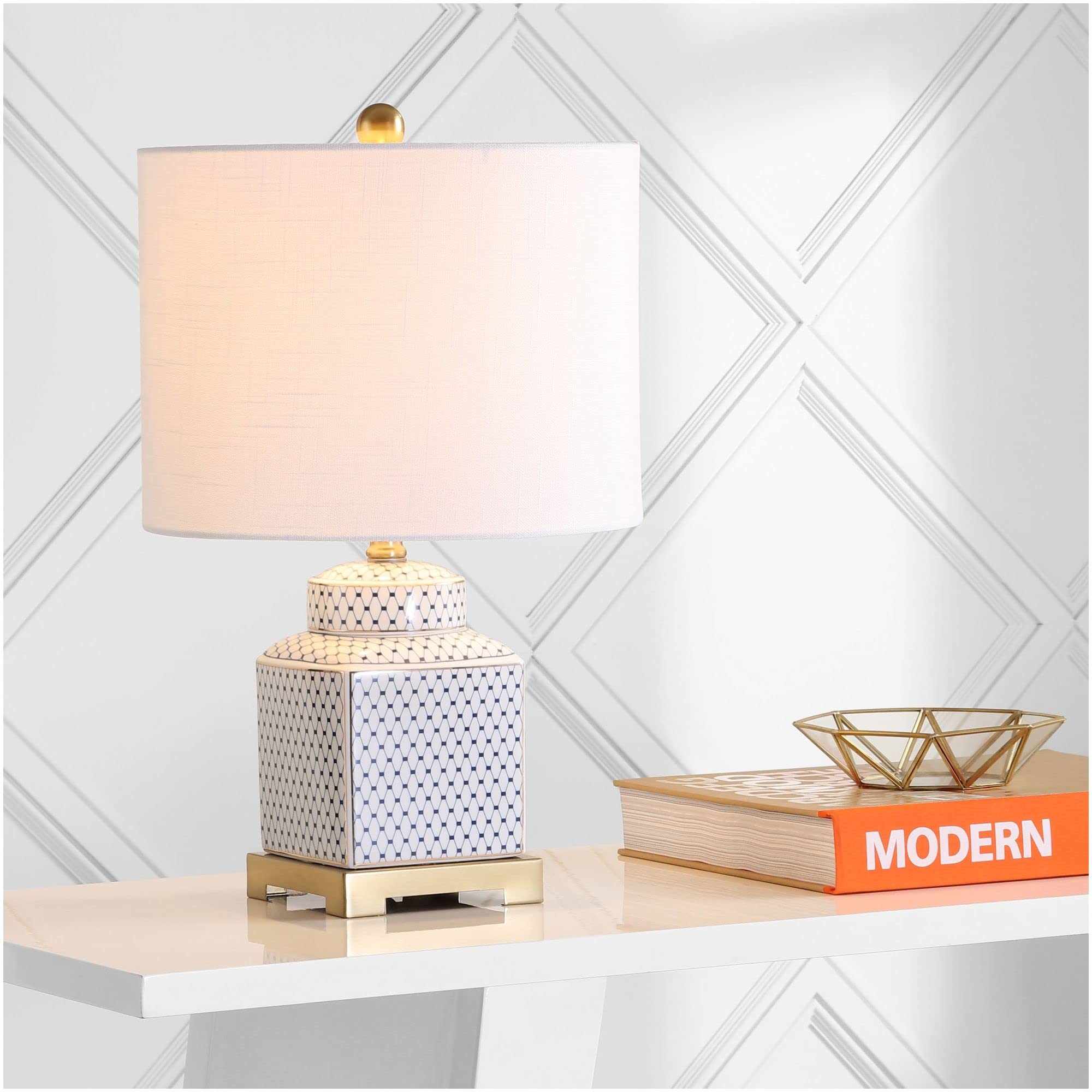 JONATHAN Y JYL3043A Cleo 21.5" Ceramic/Metal Ginger Jar LED Table Lamp Contemporary,Transitional for Bedroom, Living Room, Office, College Dorm, Coffee Table, Bookcase, White/Navy