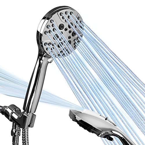 Shower Head with Handheld Anti-clog Nozzles, Powerful Jet Spray, 5 ft Stainless Steel Hose 8-Functions Shower Head Mounting Accessories Included