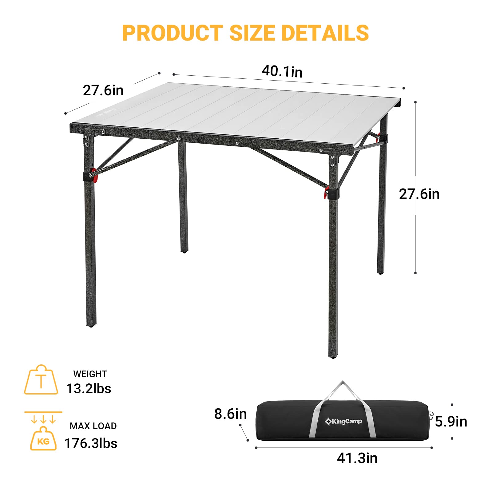 KingCamp Roll Up Aluminum Folding Table Compact Camping Foldable Camp Tables for Travel, Picnic, Party, Barbecue, Outdoor and Indoor, 4-6 Person