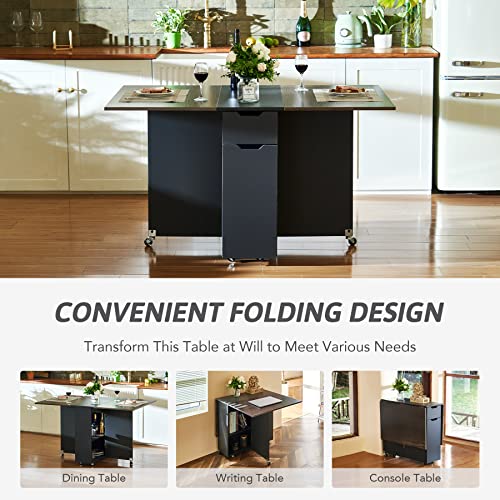 VONLUCE Drop Leaf Dining Table, Modern Folding Dining Table & Expandable Kitchen Table with Storage Shelves & Drawer, Rolling Space Saving Dining Table on 6 Wheels, Gray & Wood Grain Transformer Table
