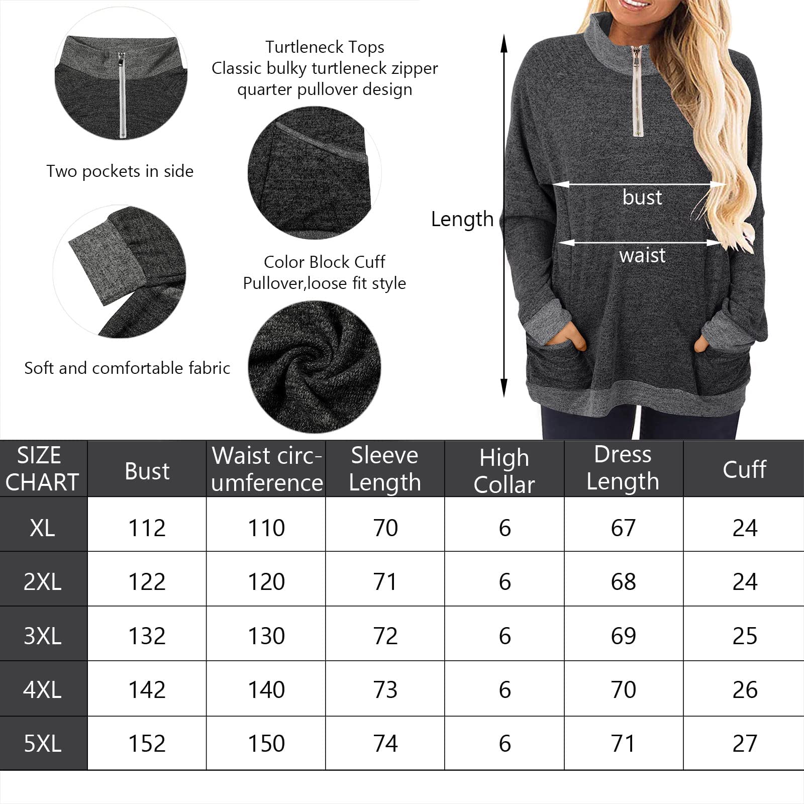 KIMSOONG Plus Size Sweatshirts for Women Quarter Zip Pullover Women Color Block Long Sleeve Oversized Tops Dark Gray