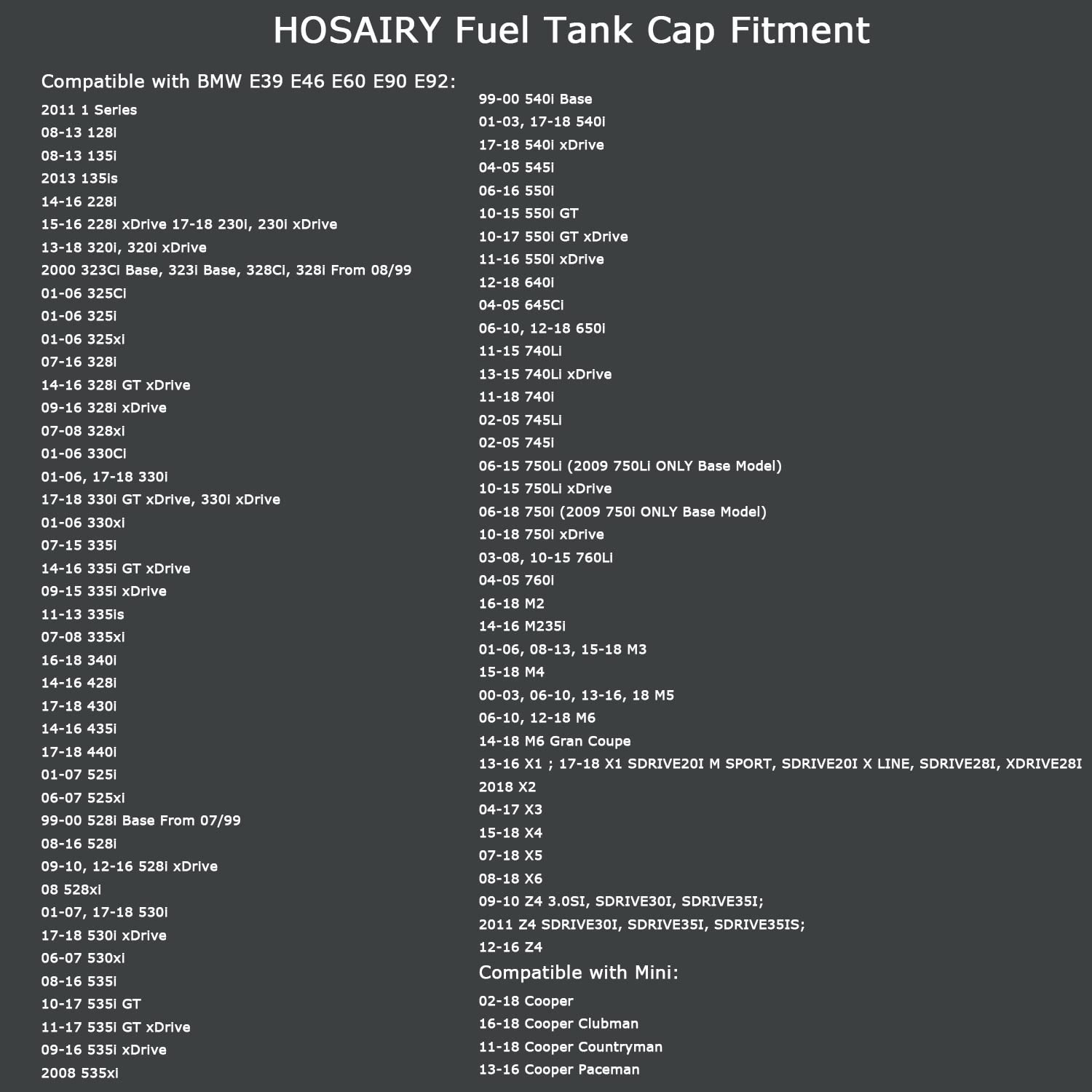 HOSAIRY Replace 16117222391 Gas Cap Fuel Tank Cap for Mini Cooper BMW E39 E46 E60 E90 E92-128i 320i 325i 328i 328xi 330i 330xi 335i 525i 528i 530i 535i 750i X1 X3 X5 Z4 M3