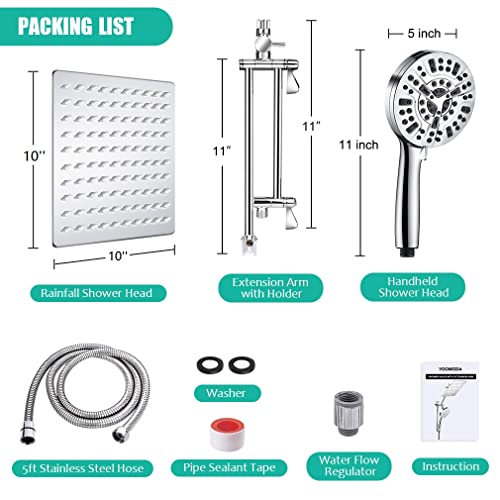 Shower Head with Handheld, 10'' High Pressure Rain Shower Head/10 Modes Handheld Shower Heads Power Wash Back with 11'' Extension Arm, Holder, 5ft Hose, Flow Regulator, Chrome, Height/Angle Adjustable