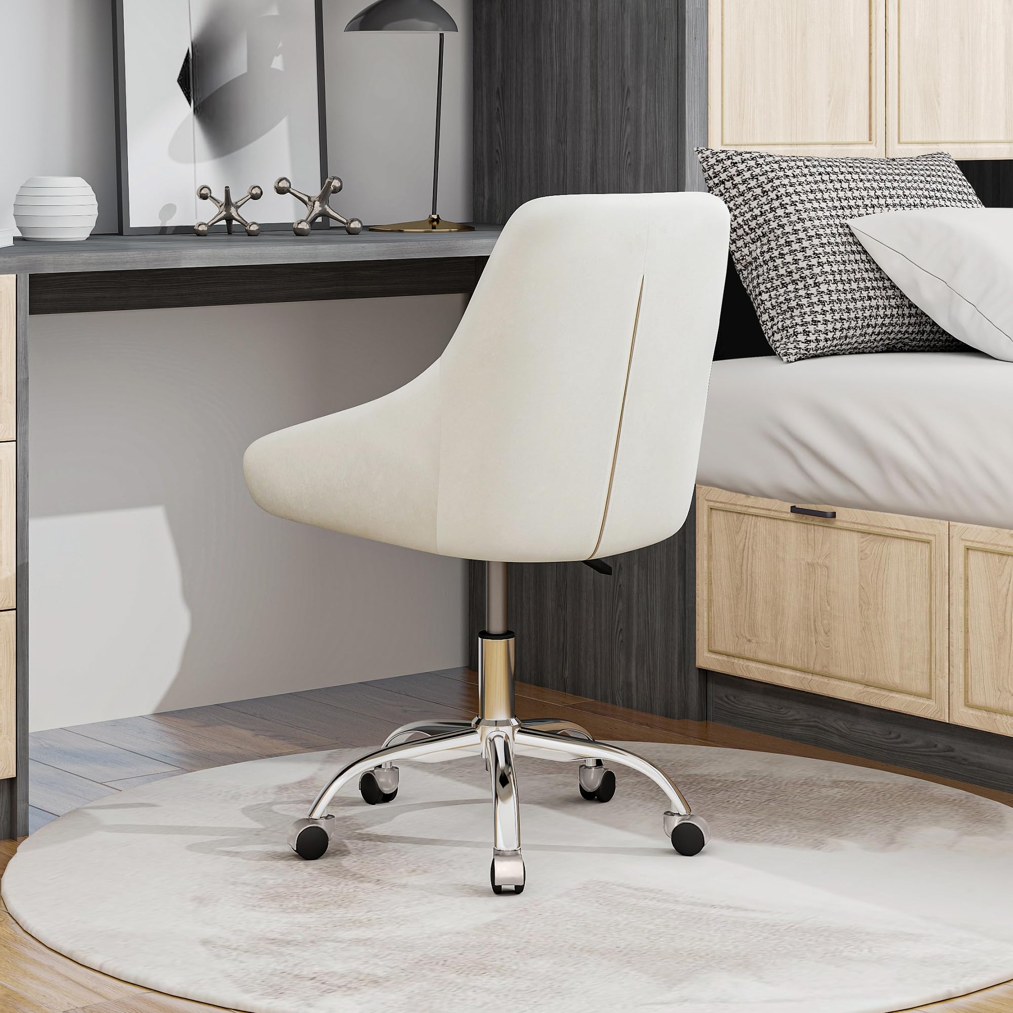 Warmiehomy Office Desk Chair with Wheels, Modern Velvet Vanity Chair with Mid Back, Ergonomic Computer Task Study Chair 360 Degree Swivel Height Adjustable for Office Make Up Bedroom,Sliver-Beige