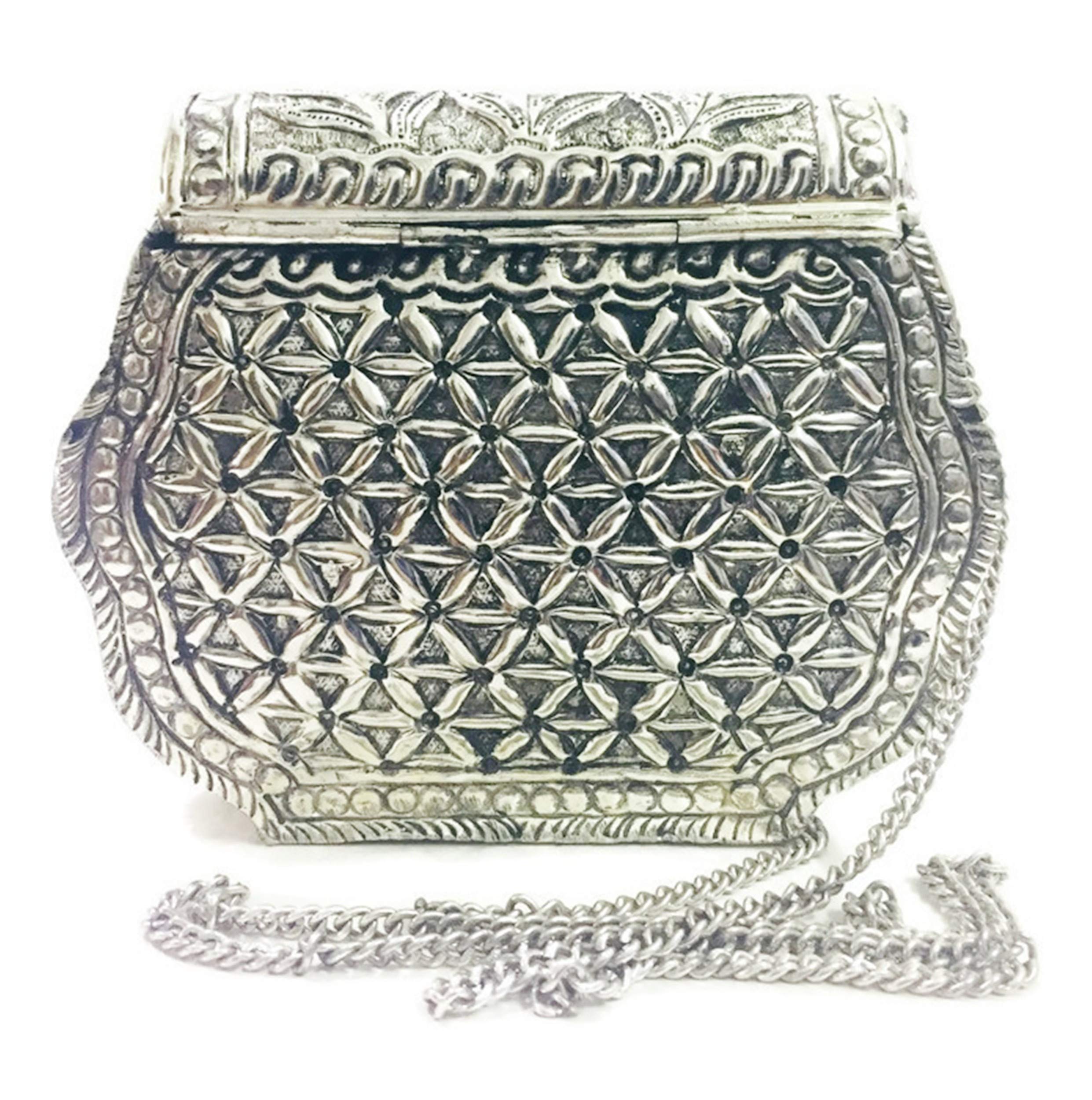 Indian Vintage Brass silver clutch Purse antique Ethnic Handmade Women metal white wallet