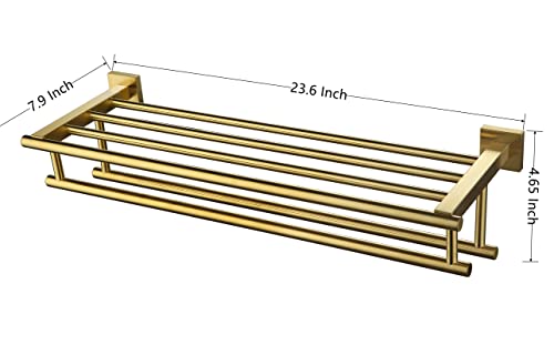 VELIMAX Bathroom Towel Rack, Bathroom Shelf with Towel Bar, Gold Towel Rack Wall Mounted, 18/8 Stainless Steel, Contemporary, Heavy Duty and Rustproof, 23.6-Inch