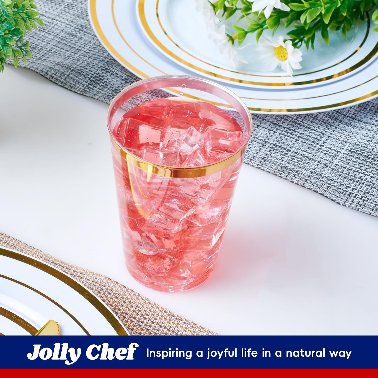 JOLLY CHEF 100 Pack Gold Plastic Cups, 12 oz Clear Plastic Cups Tumblers, Elegant Gold Rimmed Plastic Cups, Disposable Cups with Gold Rim Perfect for Wedding, Thanksgiving Day, Christmas Party Cups
