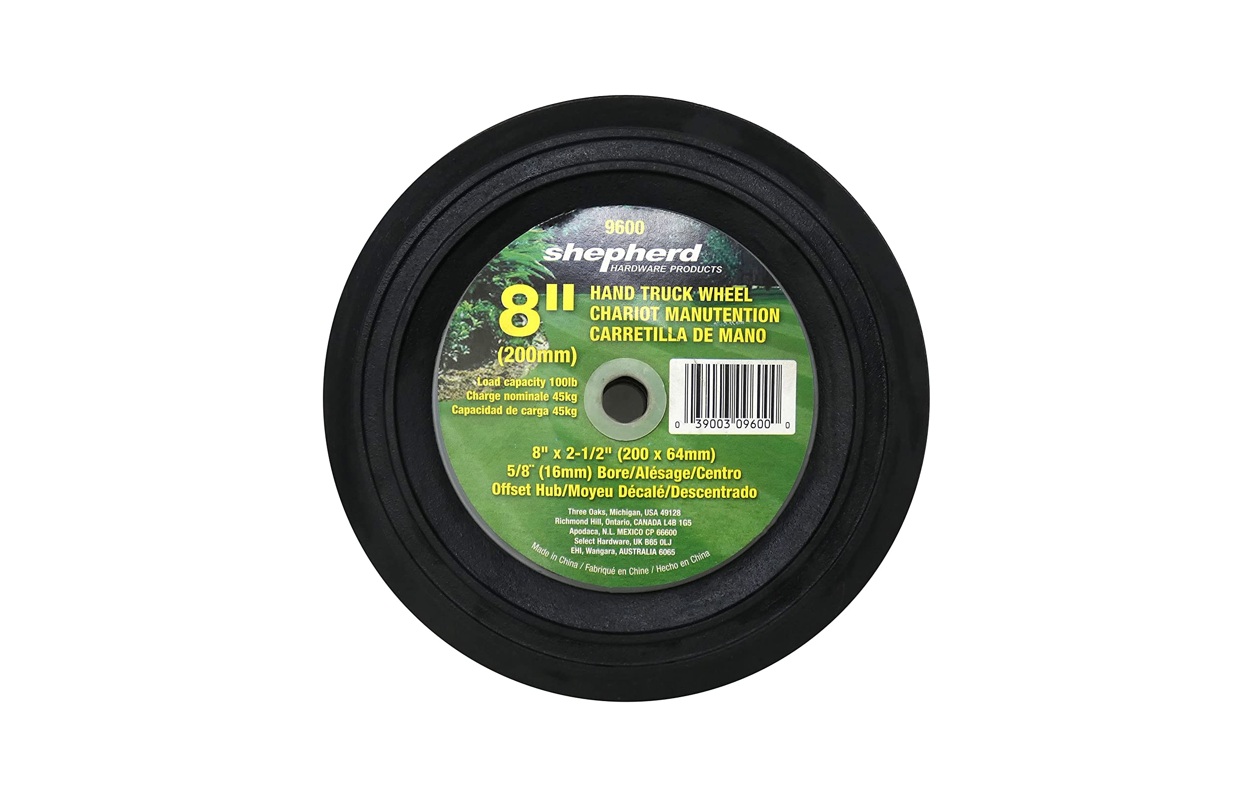 Shepherd Hardware 9600 8-Inch Hand Truck Replacement Wheel, Solid Rubber, 2-1/2-Inch Ribbed Tread, 5/8-Inch Bore Offset Axle
