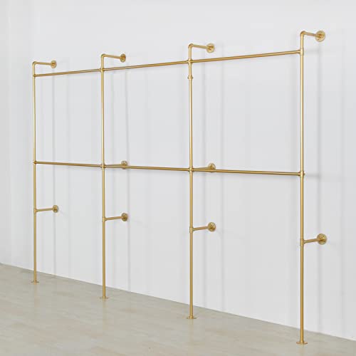 ZGZR Wall Mounted Industrial Pipe Clothing Garment Racks, Metal Clothing Store Display Stands Clothes Rack Multi-purpose Heavy Duty Hanging Rod for Closet Storage, 134in Gold