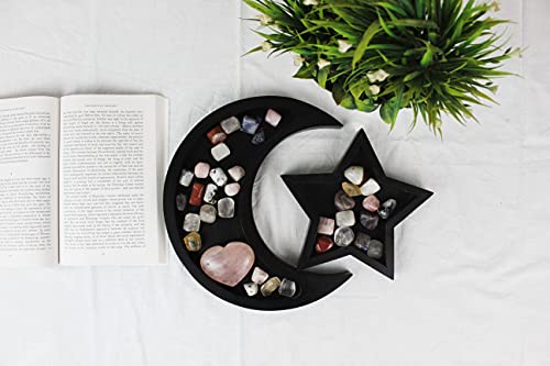 T one woods Wooden Tray for Crystal | Wooden Tray for Stones | Wooden Crystal Organizer | Wooden Moon Tray | Tray for Jewellery | Organizer for Stone (Moon&Star-Black)
