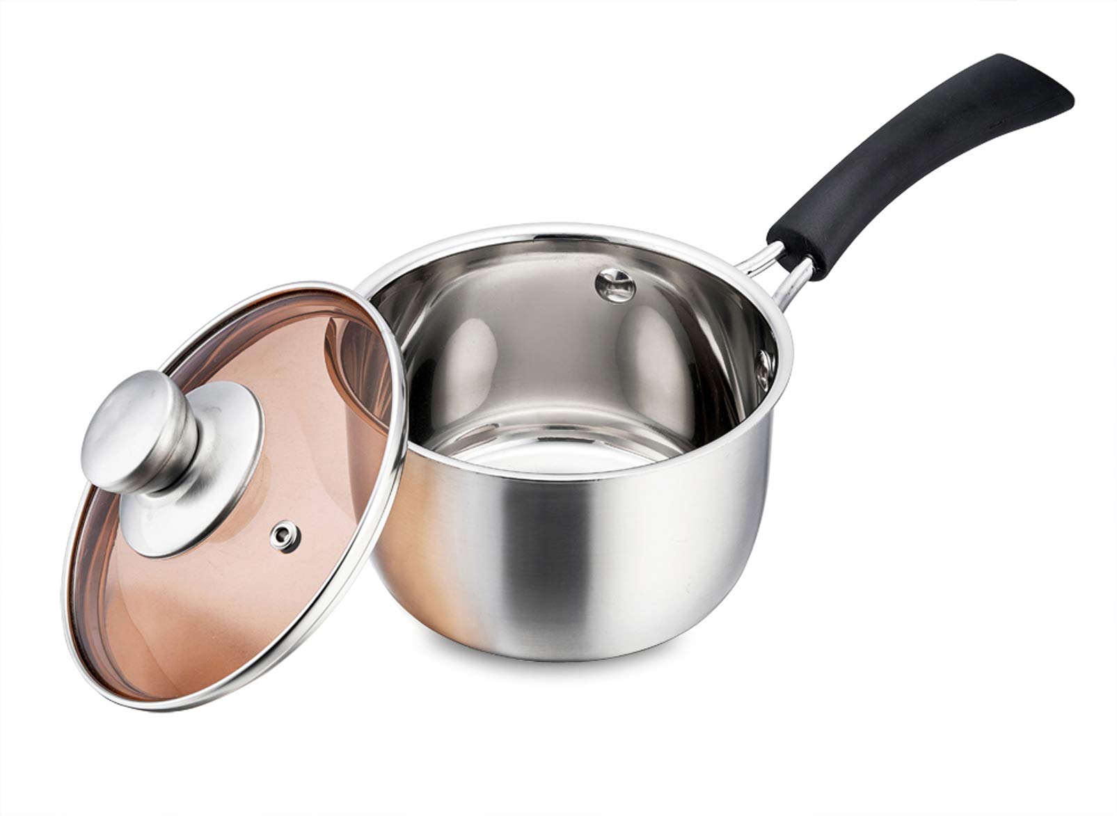 P&P CHEF 1 Quart Saucepan, Brushed Stainless Steel Saucepan with Lid, Small Sauce Pan for Home kitchen Restaurant Cooking, Easy Clean and Dishwasher Safe, Sliver, Brown, Black