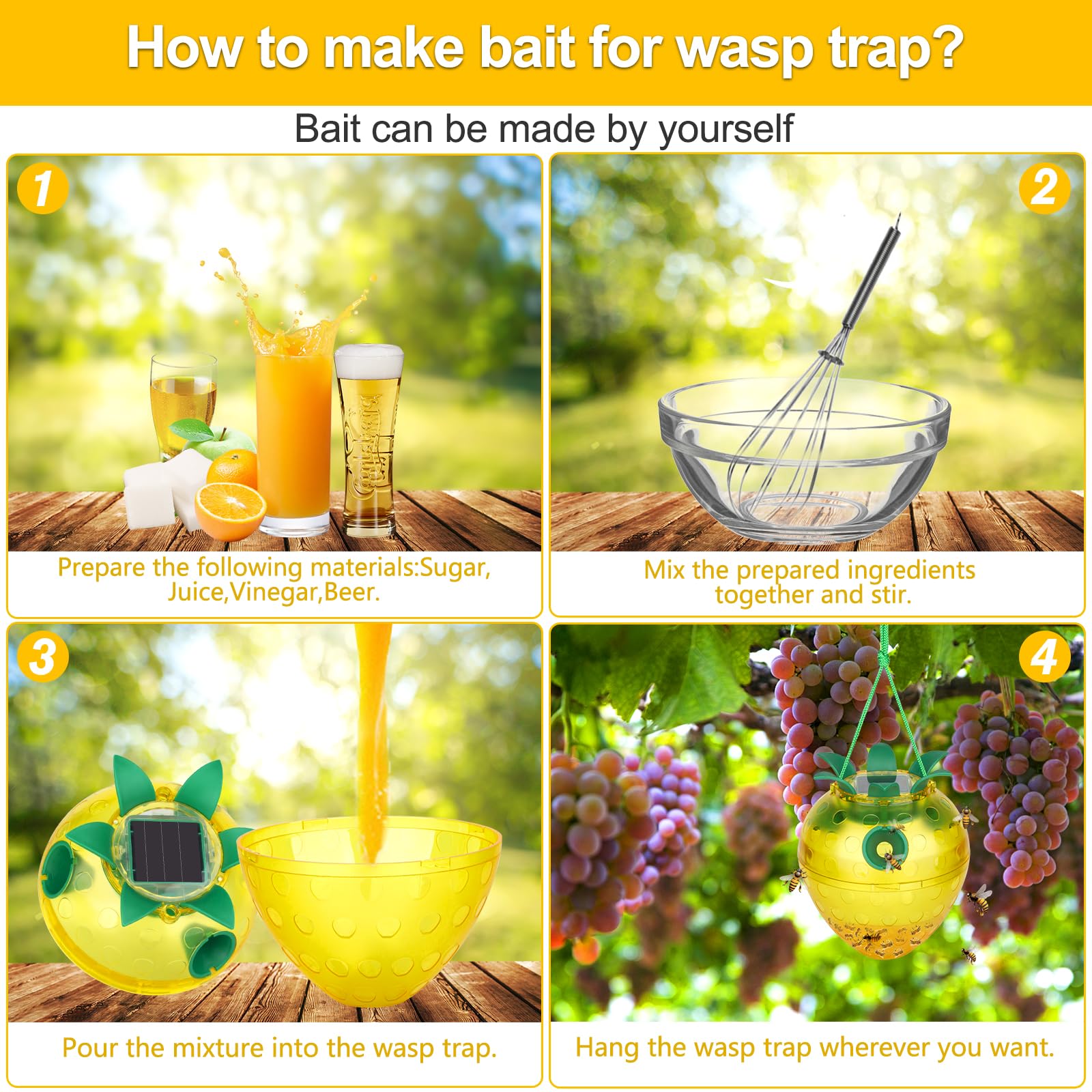 Wasp Traps Outdoor Hanging, Yellow Jacket Wasp Catcher for Trapping Hornet, Non-Toxic Reusable Wasp Catcher for Outdoors Trapping Wasp, Wasp Trap Solar Power Outdoor with LED Light (2P-Yellow)