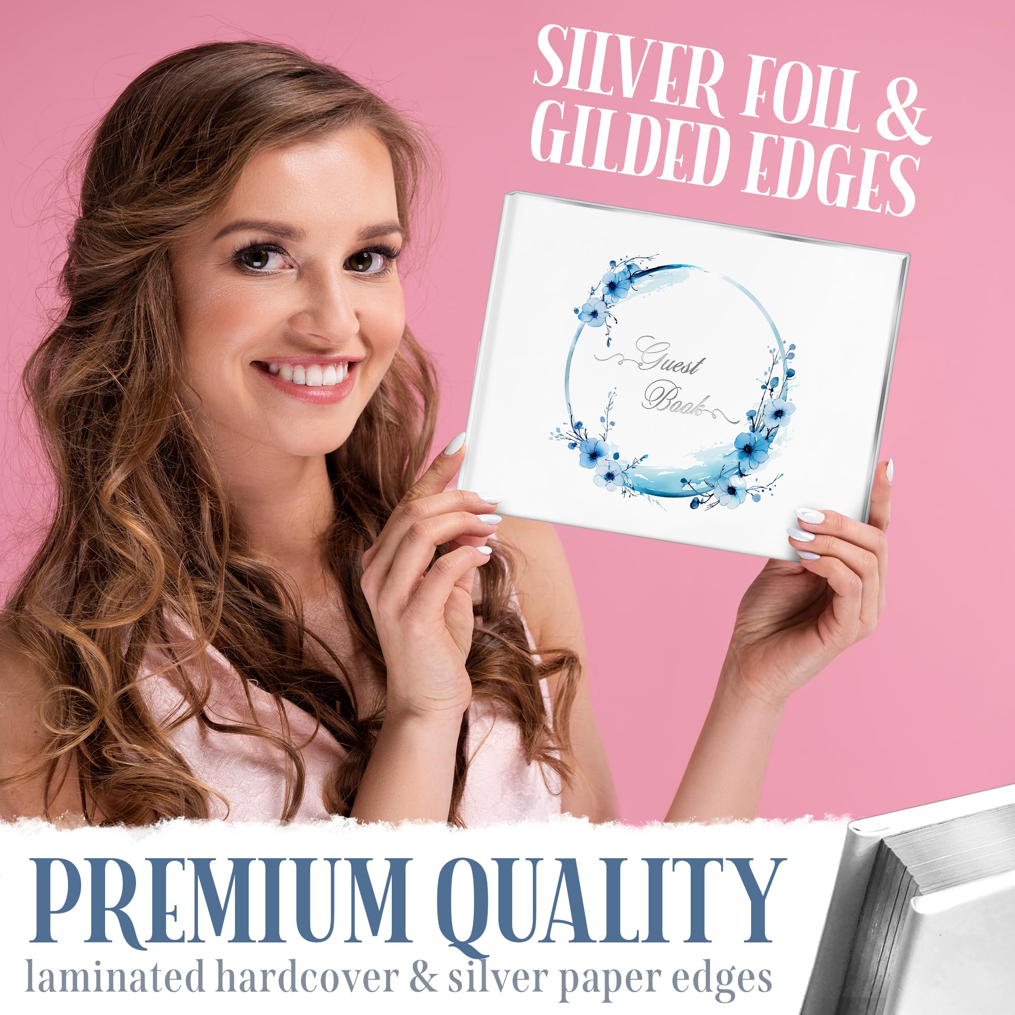 Wedding Guest Book Set includes 3 items , Wedding with a Metal Silver Pen , Guest Book With a Hardcover , Guest Book Wedding Reception Has 110 White Pages , Blank Book is White with Silver Details.
