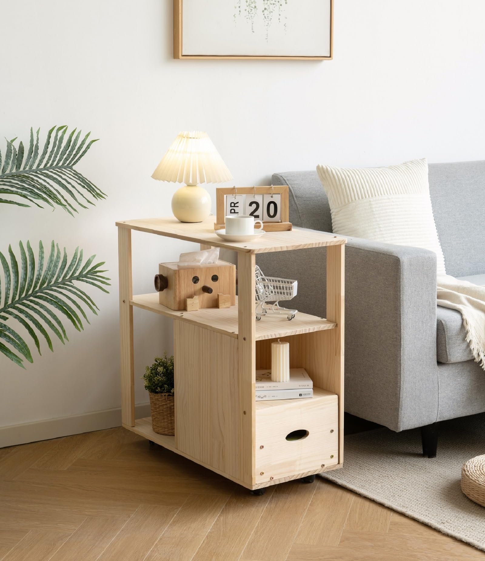 Heehee Movable Solid wood Sofa Side Table with Wheels sofa sideboard Narrow End Table Bedside Nightstand with Storage Shelves corner table for living room Bedroom