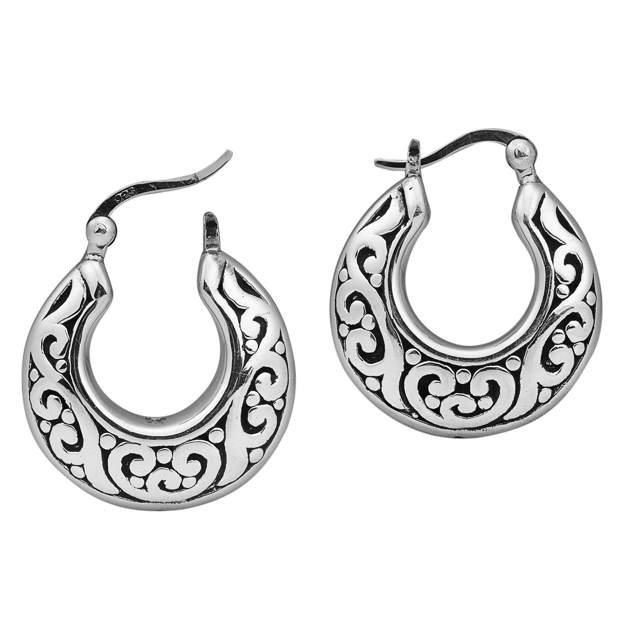 Intricate Ornate Basket Shaped V-Lock .925 Sterling Silver Hoop Earrings