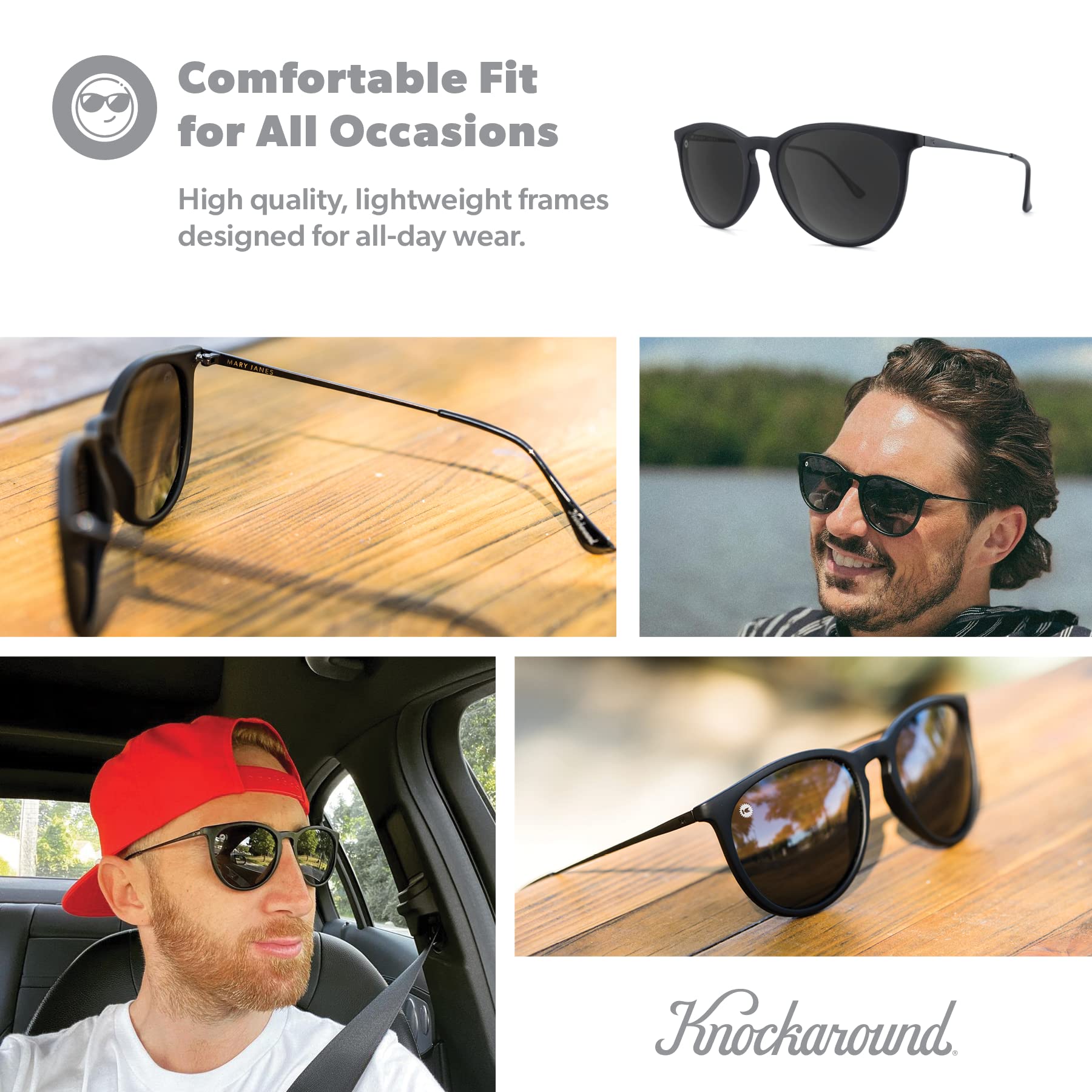 Knockaround Mary Janes Polarized Sunglasses for Women & Men - Impact Resistant Lenses & Full UV400 Protection, Matte Black on Black