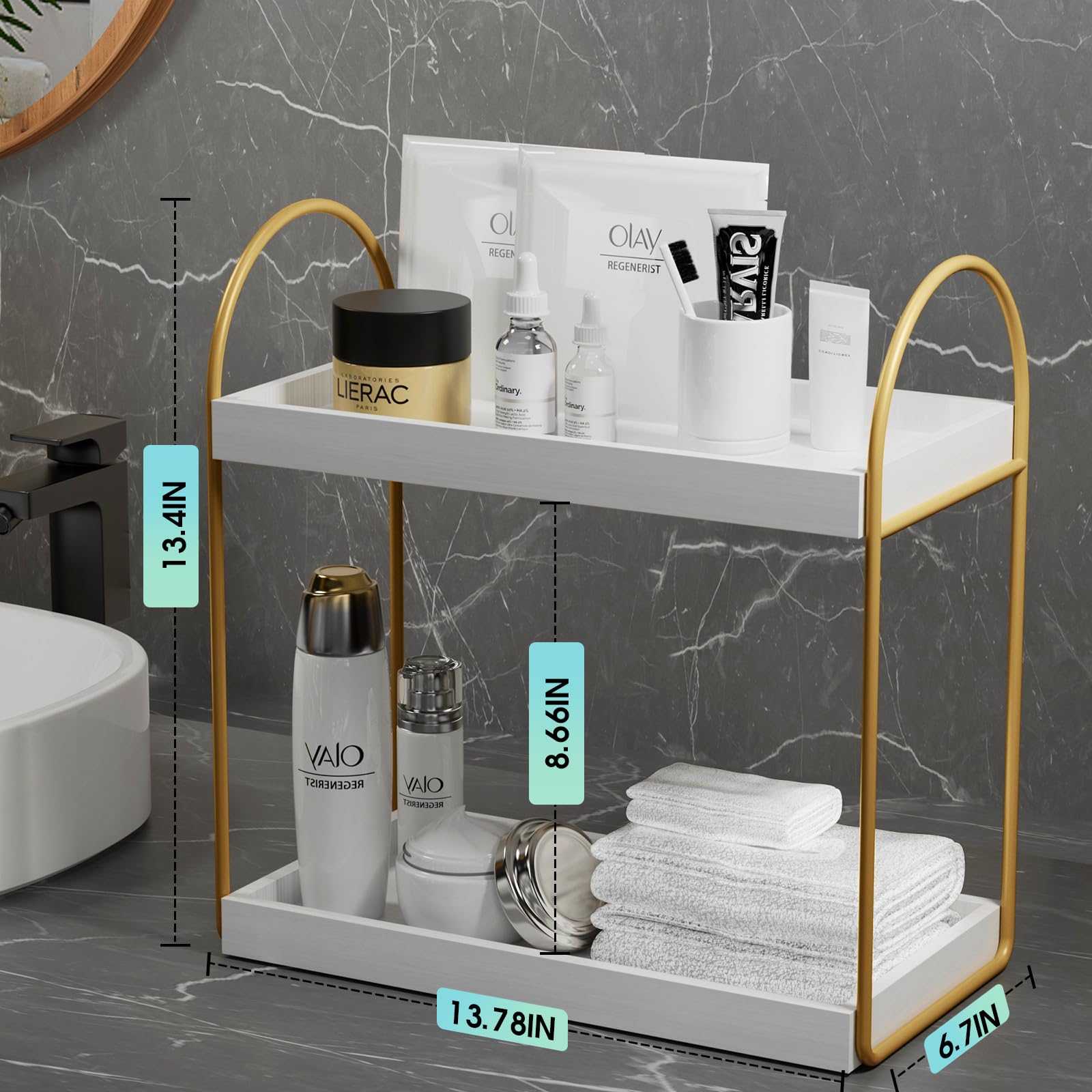 Xeapoms Bathroom Organizer Countertop, 2-Tier Simple Design Bathroom Counter Organizer, Wood Bathroom Tray for Vanity Organizer, Easy Assembly Kitchen Bathroom Countertop Organizer, White-Gold