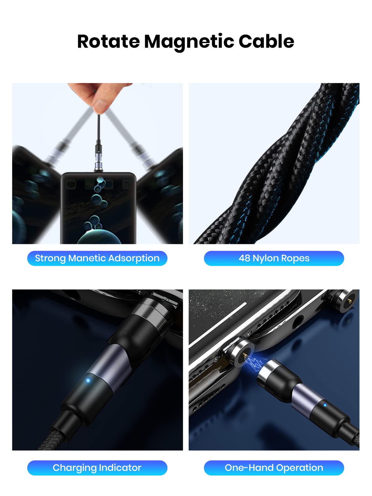 TOPK Magnetic Charging Cable 5-Pack [3.3ft/3.3ft/3.3ft/6.6ft/6.6ft] 540° Rotating 3 in 1 Magnetic Phone Charger Cable with LED Light Compatible with Micro USB, USB Type C and iProduct Device (Black)