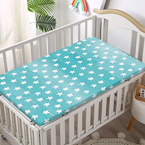 Star Themed Fitted Mini Crib Sheets,Portable Mini Crib Sheets Ultra Soft Material-Baby Sheet for Boys Girls,24β x38β,Pale Blue and White