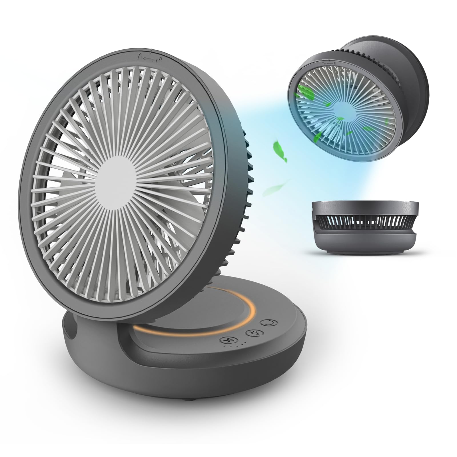 shinic Ultra Quiet Table Fan Battery Operated, 4 Speeds, Auto Oscillation, Foldable Fan for Travel, Small Wall Fan for Bedroom Home Kitchen Desktop Office, USB Rechargeable, Grey, Medium, TP2106-WH