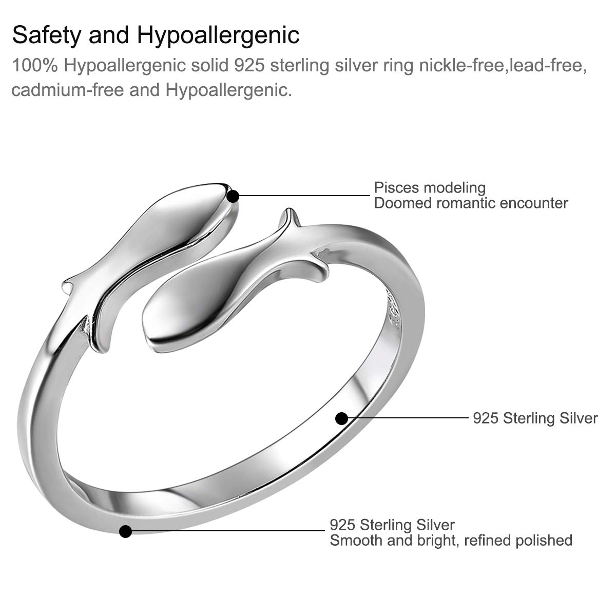 JEWME 925 Sterling Silver Women Fish Pisces Zodiac Constellations Open Tail Rings