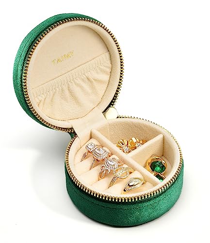 TAIMY Velvet Travel Jewelry Box, Round Small Travel Jewelry Case for Women Girls, Portable Mini Jewelry Travel Organizer Boxes for Rings Earrings Necklaces Bracelets(Dark Emerald)