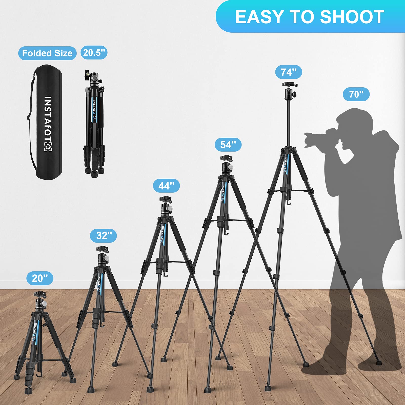 Instafoto 74'' Camera Tripod with Full Aluminum Ball Head, DSLR Tripod for Camera Canon Nikon with Quick-Release Plate, Phone/Tablet Holder & Carry Bag, Max. Load 17.6 lbs/ 8 kg