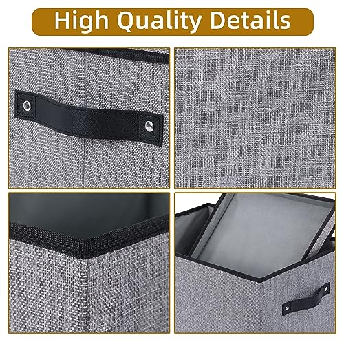 YheenLf Fabric Storage boxes,Storage Baskets for Shelves with Lids, Fabric Storage Bins with Handles, Decorative Linen Closet Organizers Boxes,Medium, Gray, 3-Pack