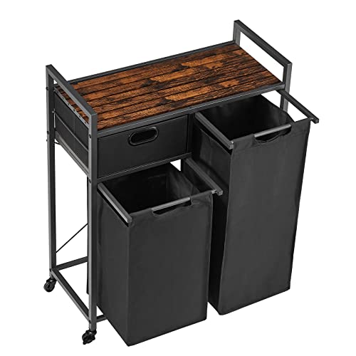 Taiweny Laundry Sorter Rolling Cart, Laundry Hamper with Heavy Duty Wheels, Laundry Basket Organizer with 2 Removable Bags, Drawer & Shelf for Laundry room, Bathroom (Black-Brown)