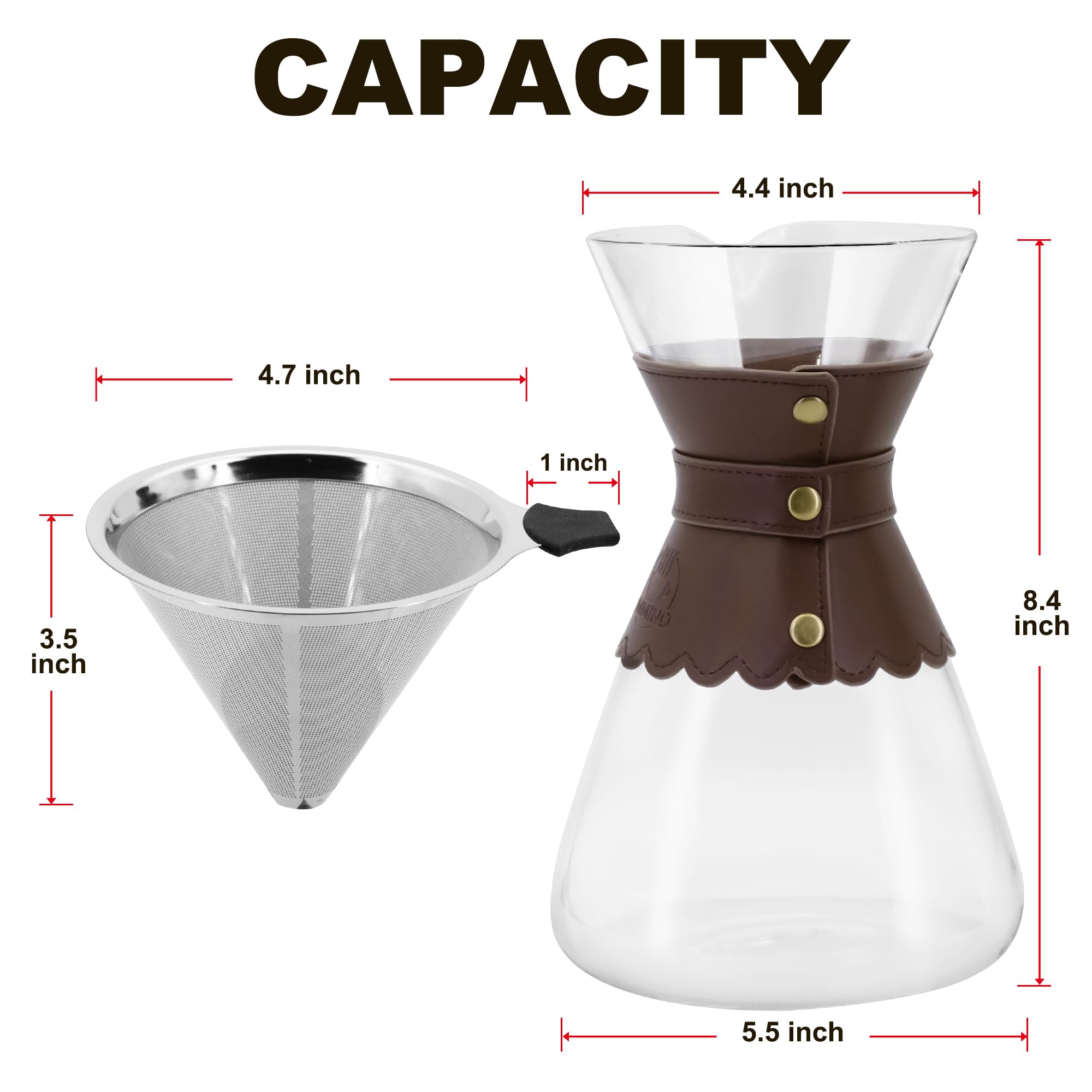 YMMIND 34oz Pour Over Coffee Maker with Double Layer Stainless Steel Filter, Borosilicate Glass Dripper, Detachable Heat-Resistant Leather Pad 7-8 Cups Coffee Maker Carafe(Dark brown)