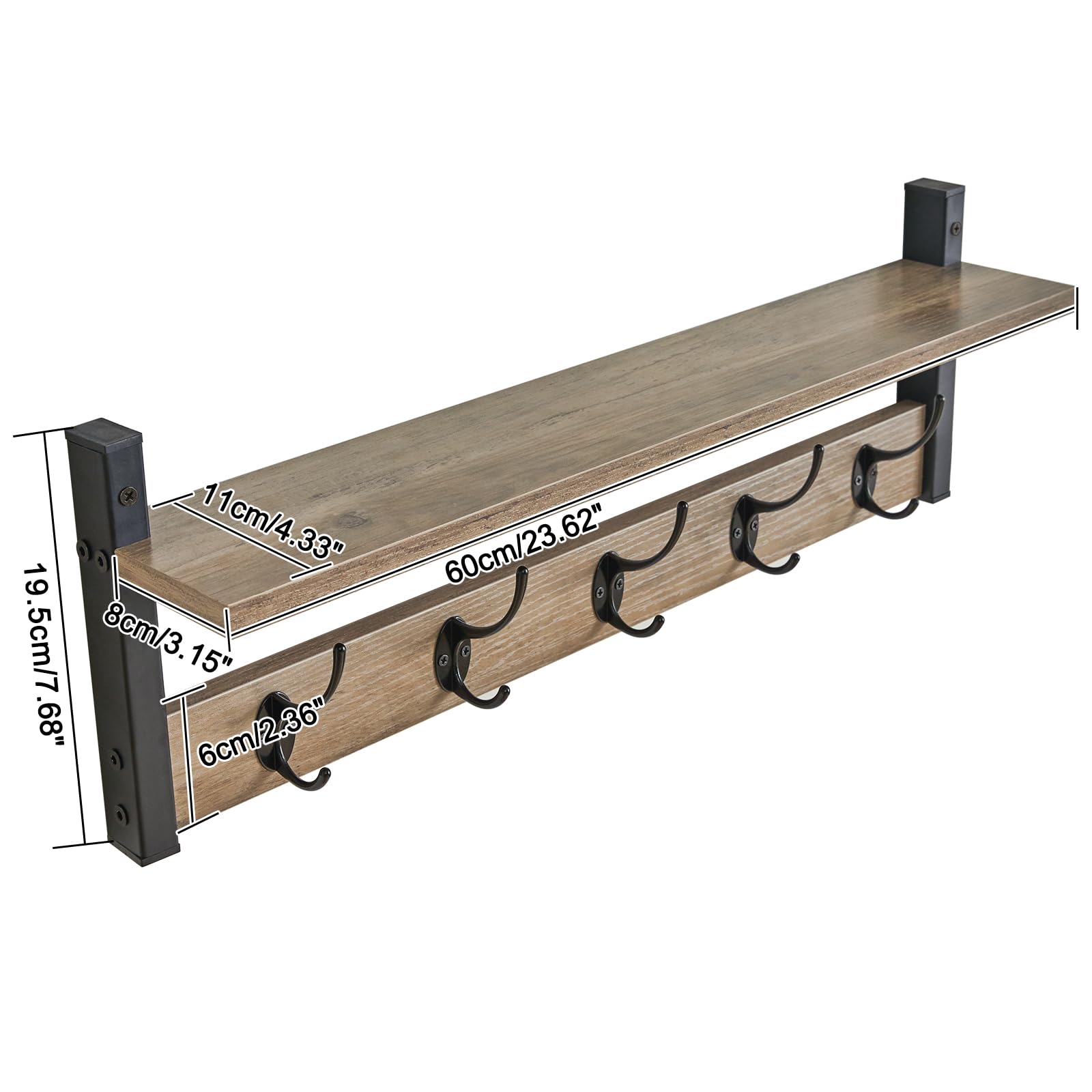 YMYNY Coat Rack Shelf Wall Mounted, Coat Hooks with Storage, Wall Floating Shelf with 5 Metal Hooks, 23.6" Entryway Floating Shelf for Kitchen, Bedroom, Bathroom, Silver Gray UHWS004Y