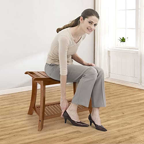 VVW Bamboo Shower Bench & Stool with Storage Shelf, Bath Benches for Inside Shower, Bathroom Stools 2-Tier Spa Seat for Adults Elderly (Walnut)
