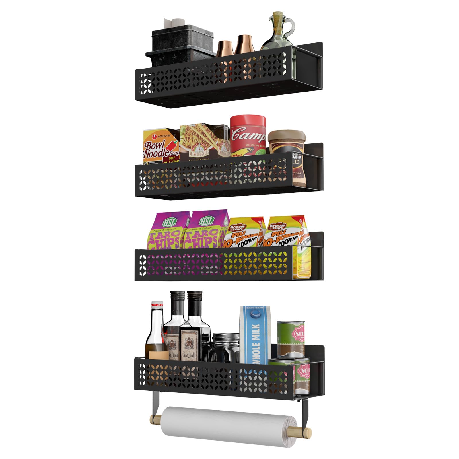 WASUMI Magnetic Spice Rack for Refrigerator, 4 Pack Magnetic Spice Rack Organizer with 2 Paper Towel Holders, Metal Spice Rack for Fridge, Microwave, Magnetic Storage Shelf for Saving Space, Black