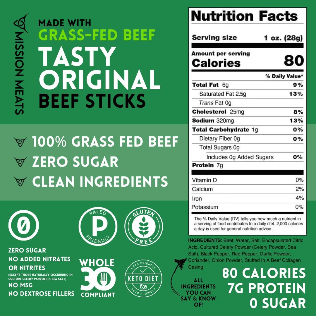 Mission Meats Grass Fed Beef Sticks – Sugar Free Beef Sticks, Gluten Free, Whole 30, Paleo, Keto Meat Sticks, Sugar Free Jerky Beef Sticks Individually Wrapped, 1oz (Original, Pack of 12)