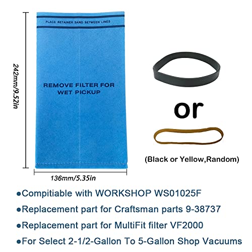 Smilefil 9 Pack Wet Dry Vacuum Bags Compatible with WORKSHOP WS01025F, Craftsman 9-38737, MultiFit VF2000, Select 2-1/2 to 5-Gallon Shop Vacuum Cleaners (9 Vacuum Bags with 3 Retaining Bands)