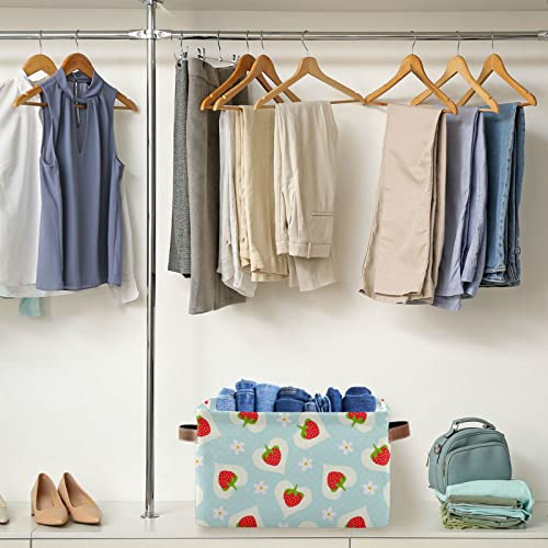 xigua Strawberry Pattern Storage Bins Foldable Fabric Storage Basket with Leather Handles for Organizing Closet, Shelves, Nursery Toy, Laundry Room (1 Pcs, 14.2" x 10.2" x 8.3")