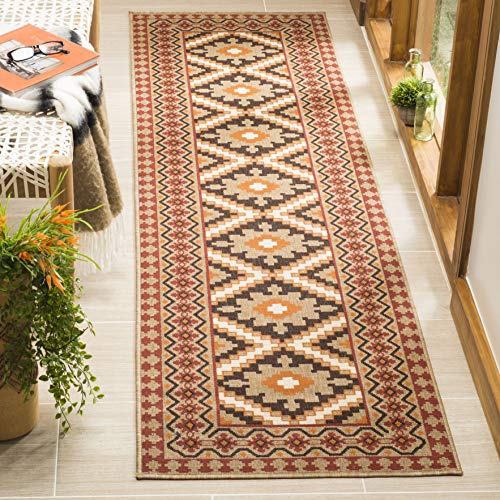 SAFAVIEH Veranda Collection 2'3' x 12' Red / Natural VER099 Boho Indoor/ Outdoor Non-Shedding Easy scrubbing Patio Backyard Porch Deck Mudroom Runner-Rug