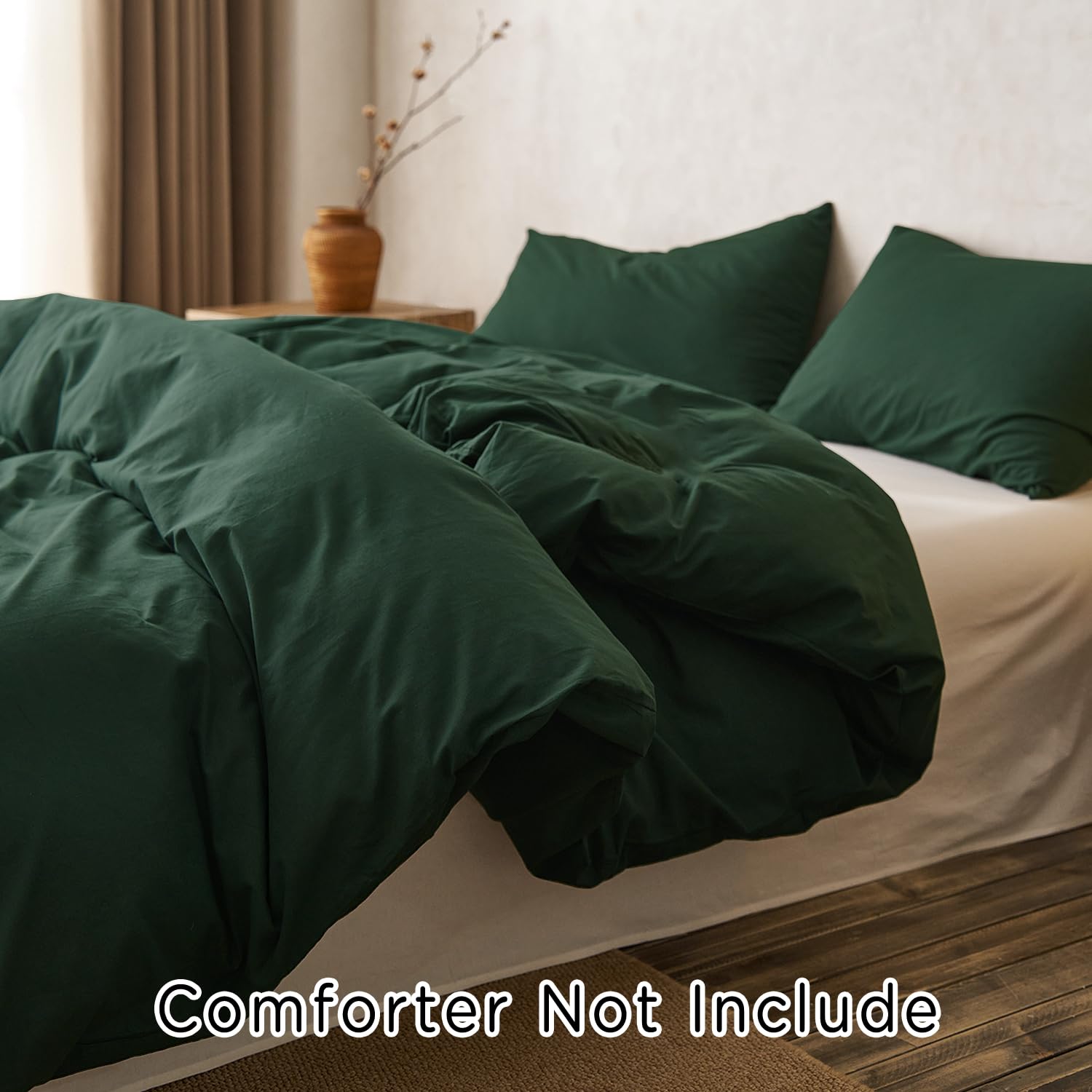 TOCOMOA Duvet Cover Set King Size, 100% Washed Cotton Like Linen Textured, 3 Piece Dark Green Bedding Set Soft Breathable, Ideal for Sweating Groups, Simple Style Farmhouse Comforter Cover