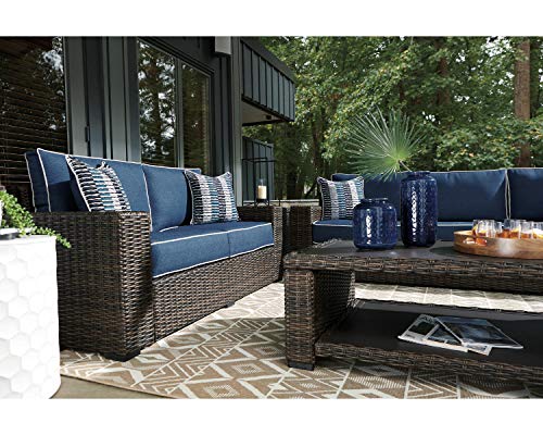 Signature Design by Ashley Grasson Lane Outdoor Patio Wicker Sofa with Cushion and 2 Pillows, Brown & Blue