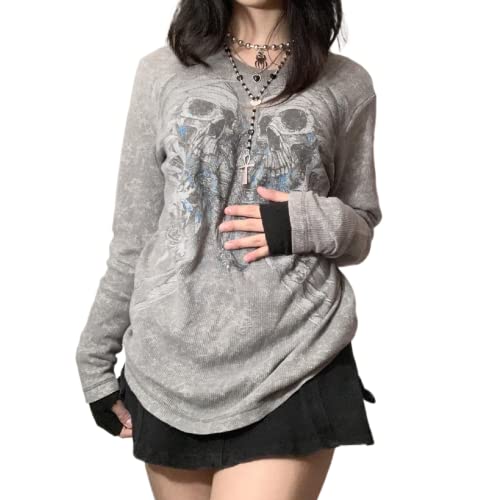 Y2K Long Sleeve Tops for Women Fairy Grunge Graphic Print Top Vintage Crop Top Tee(M-Grey,S)