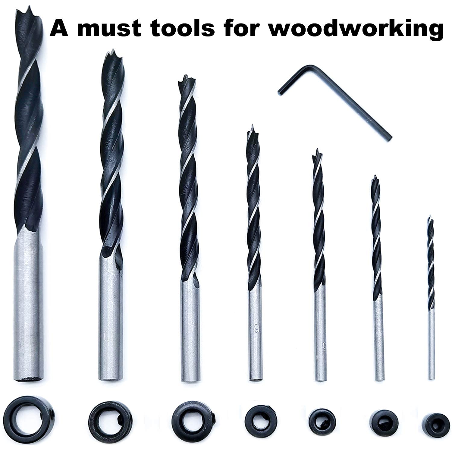 QISF 16Pcs Brad Point Wood Drill Bit 3/4/5/6/8/10/12mm Wood Working Drill with 3-12MM Center Point and Stopper Perfect for Woodworking Carpentry Drilling
