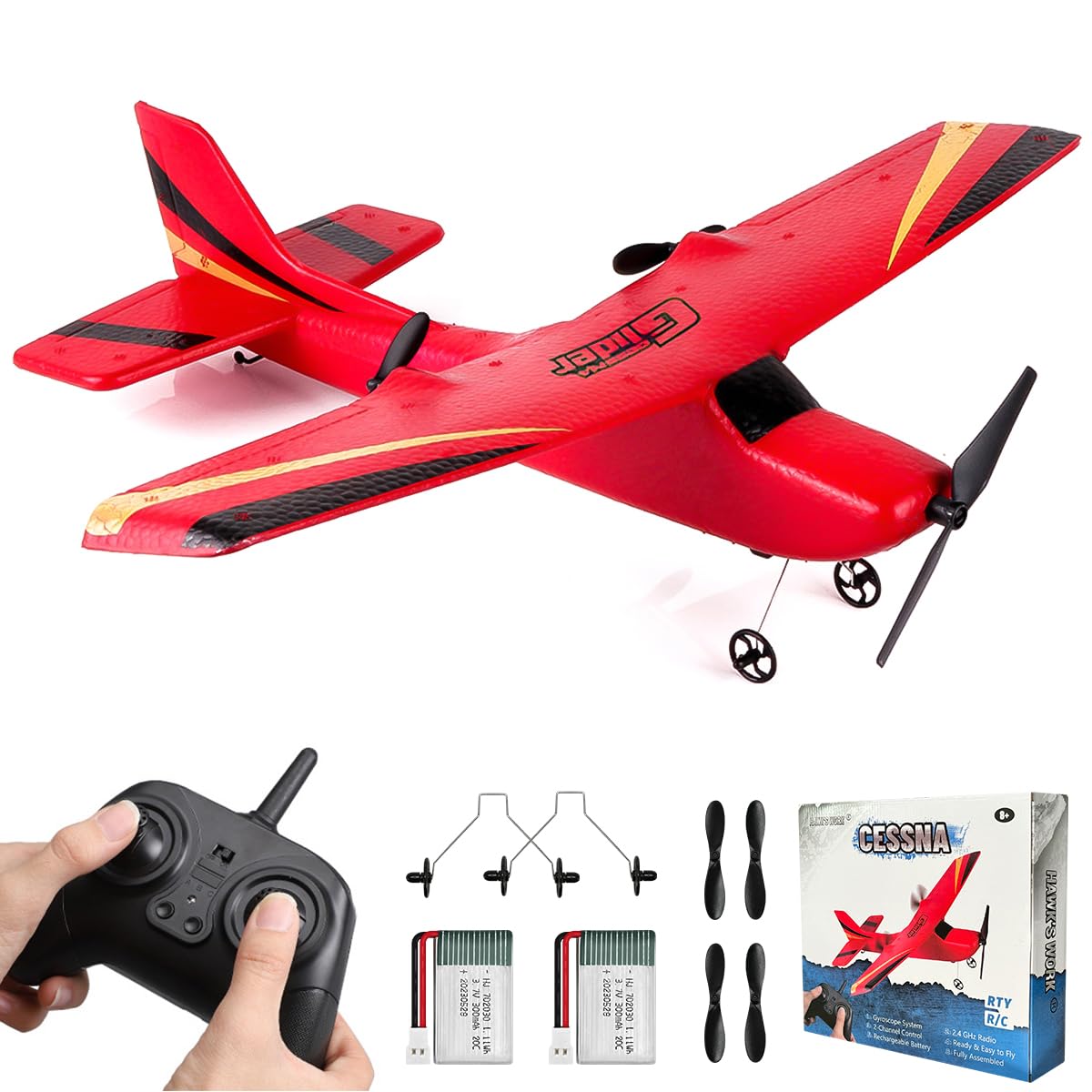 HAWK'S WORK 2 CH RC Airplane, RC Plane Ready to Fly, 2.4GHz Remote Control Airplane, Easy to Fly RC Glider for Kids & Beginners (Red)