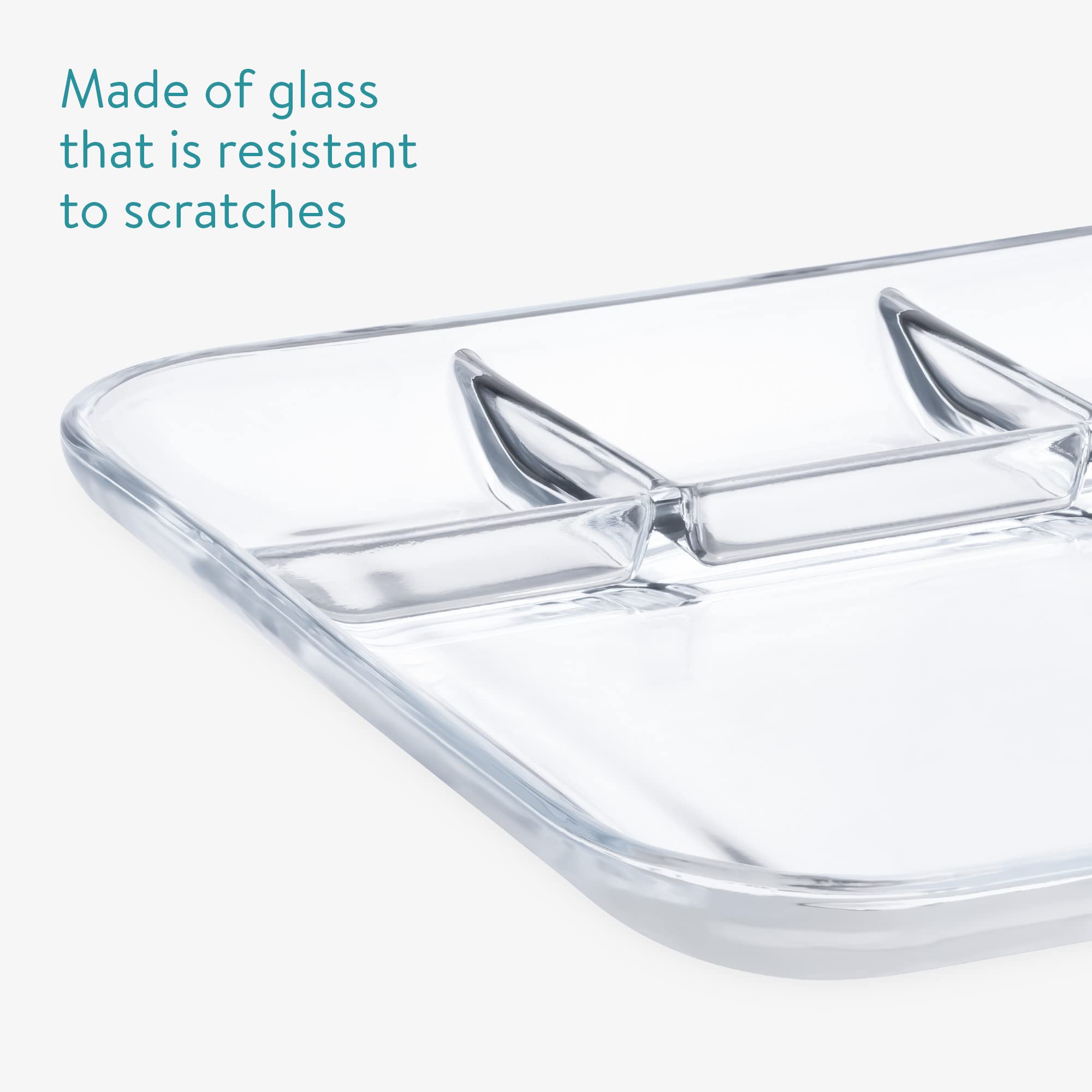 Navaris Glass Divided Plates (Set of 2) - 4 Section Divider Snack Plate for Adults, Serving, Portion Control - Square Clear Platter with Food Dividers