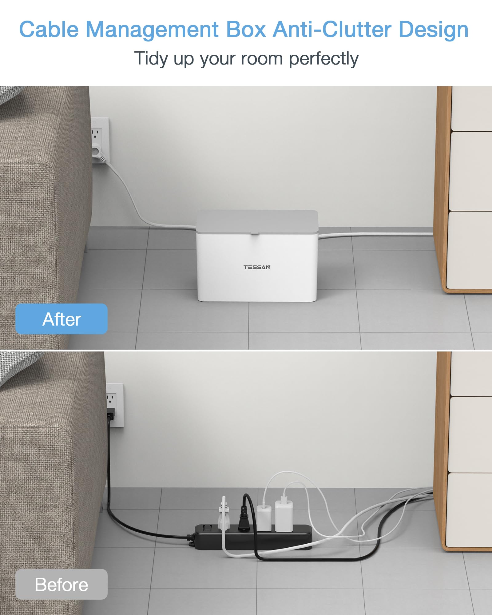 Power Strip with Cable Management Box, TESSAN 5 ft Flat Plug Extension Cord, 4 Outlets 2 USB Ports with Overload Switch, Mountable White Power Cord Organizer Charging Station for Dorm, Office, Home