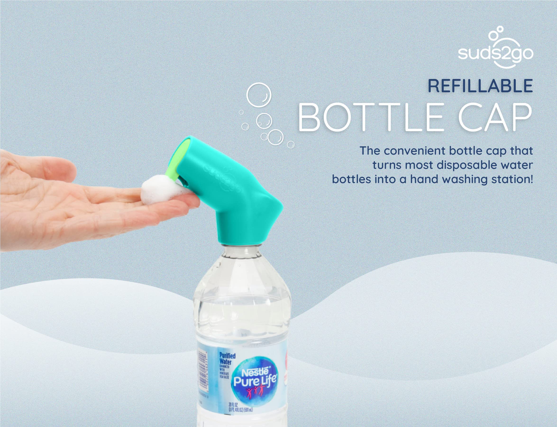 Suds2Go Refillable Caps, 2 Pack - Universal Fit Turns Most Disposable Water Bottles Into A Hand Washing Station - Includes Refillable Soap Reservoir - Conveniently Sized to Take on The Go - Teal
