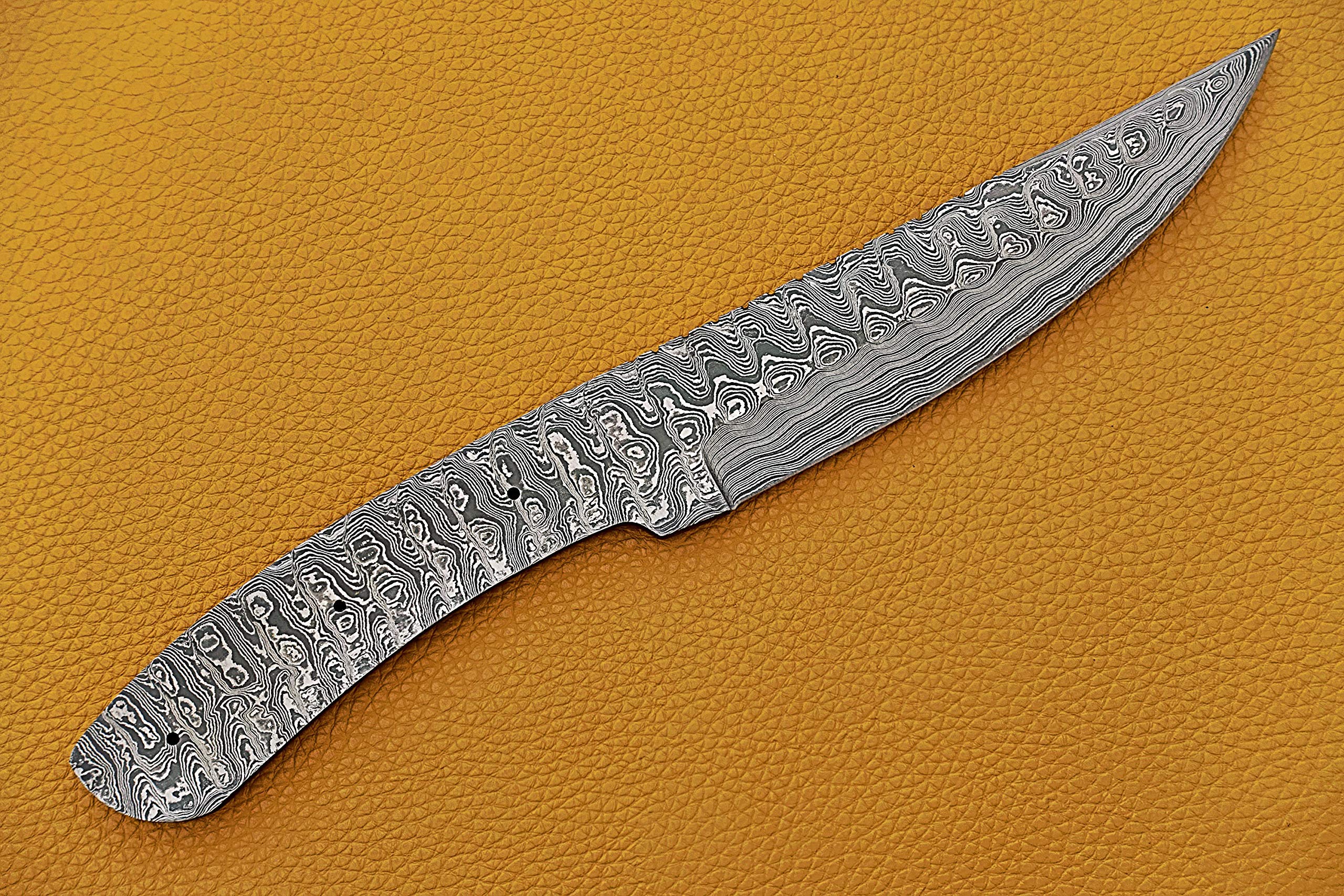 Knife Making, Damascus Steel Blank Blade 11 inches Long Hand Forged Trailing Point Skinning Knife, Hunting Knife with 3 Pin Hole, 6 inches Cutting Edge, 4.5" Scale Space