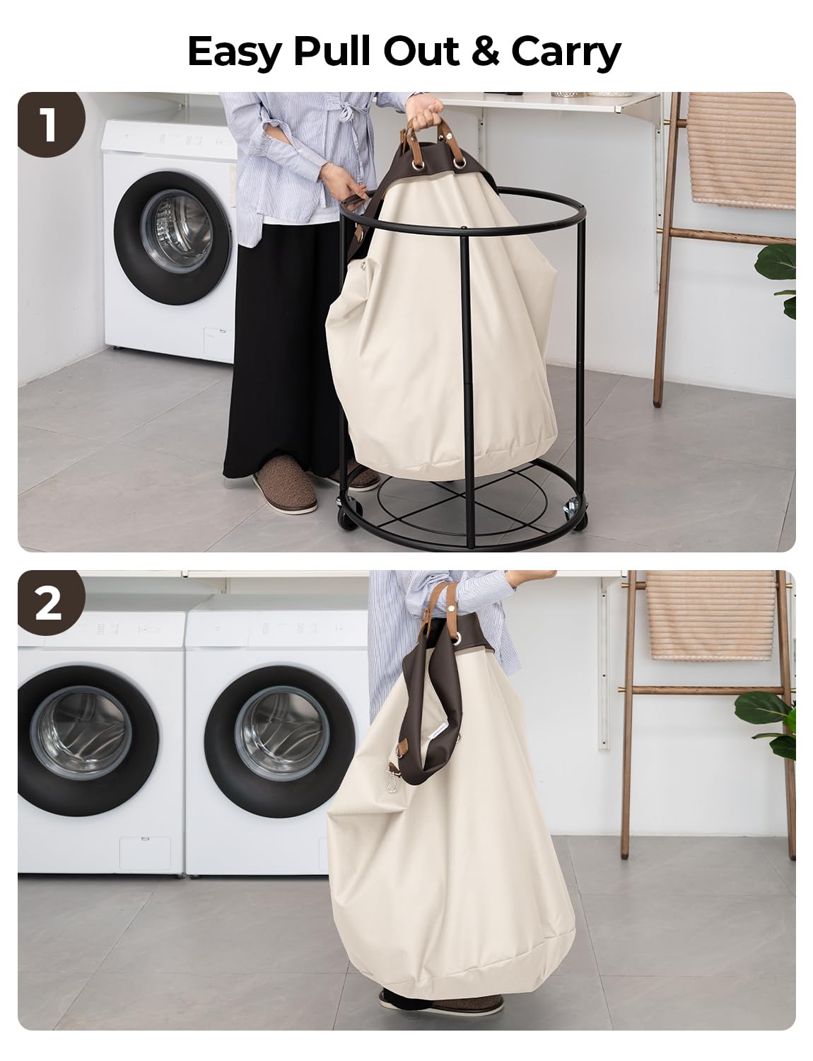 StorageWorks Laundry Basket with Wheels, 210L Extra Large Rolling Laundry Hamper, Round Laundry Cart with Steel Frame and Removable Bag, 4 Casters and 2 Brakes, Beige, 1-Pack