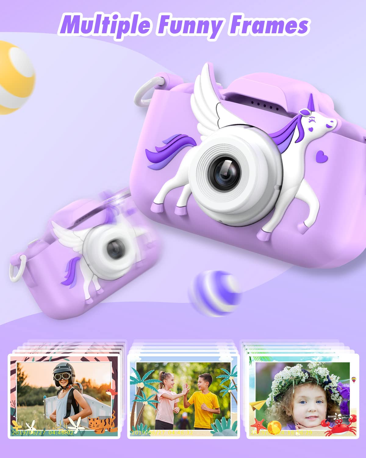 Slothcloud X5 Kids Digital Camera, Unicorn-Purple, 32GB Memory, Anti-Drop Silicone, 1080P Video, Multi-Functions, Selfie, Gift for Children